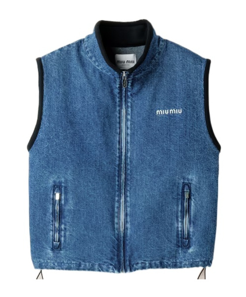 MIU MIU Miu Miu Denim Blouson Vest with Stand Collar and Drawstring Hem